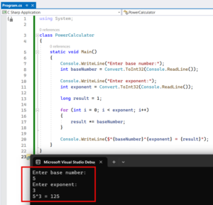C# Program To Calculate Power Using While & For Loop